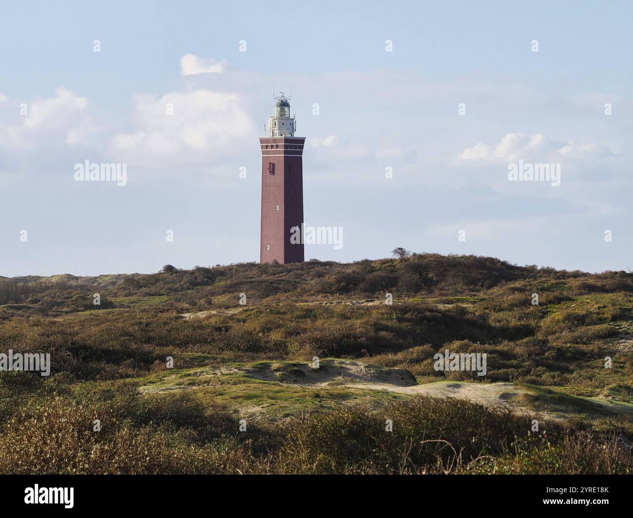 View over a dune landscape, behind a lighthouse, Brouwersdam, province ...