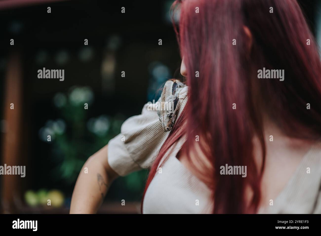 Girl with red hair and snake on shoulder in natural setting Stock Photo ...