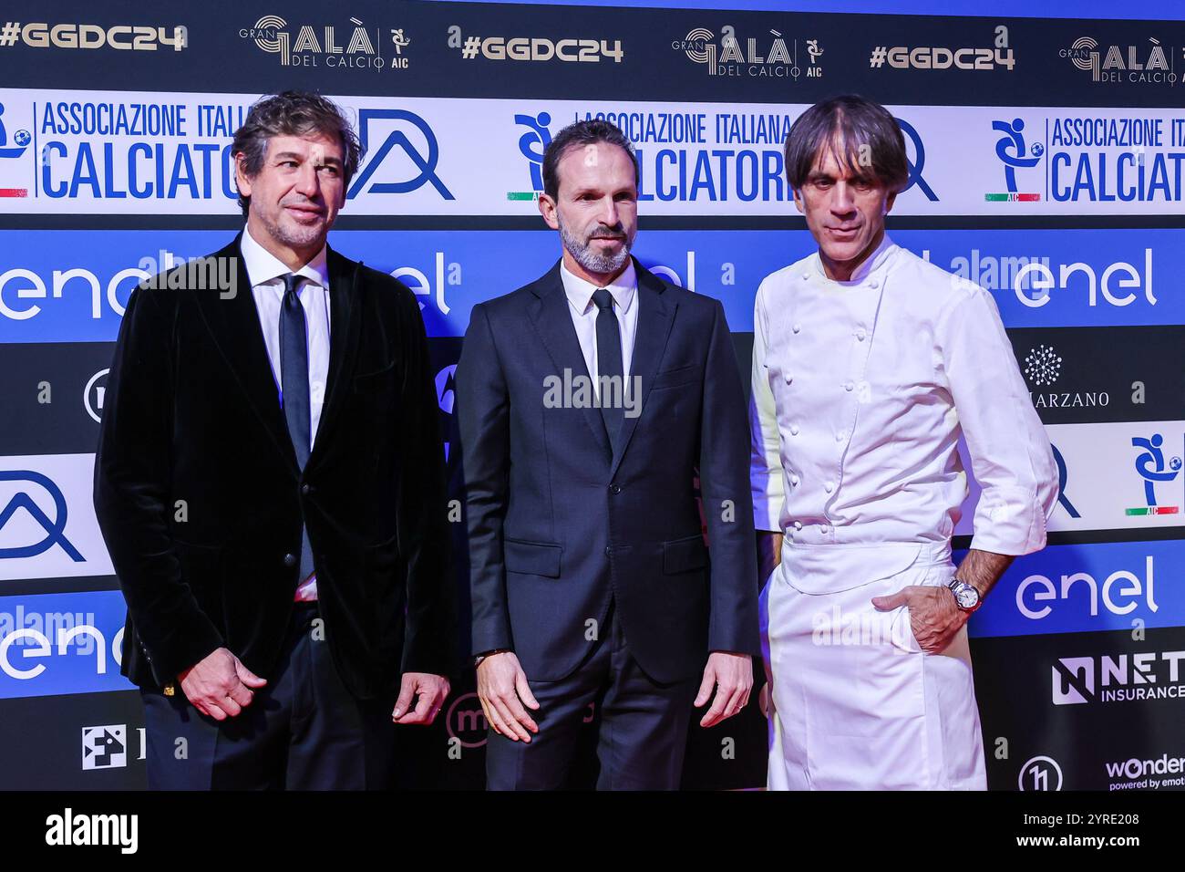 (R-L) Demetrio Albertini, Umberto Calcagno and Davide Oldani seen on the Red Carpet during the ...