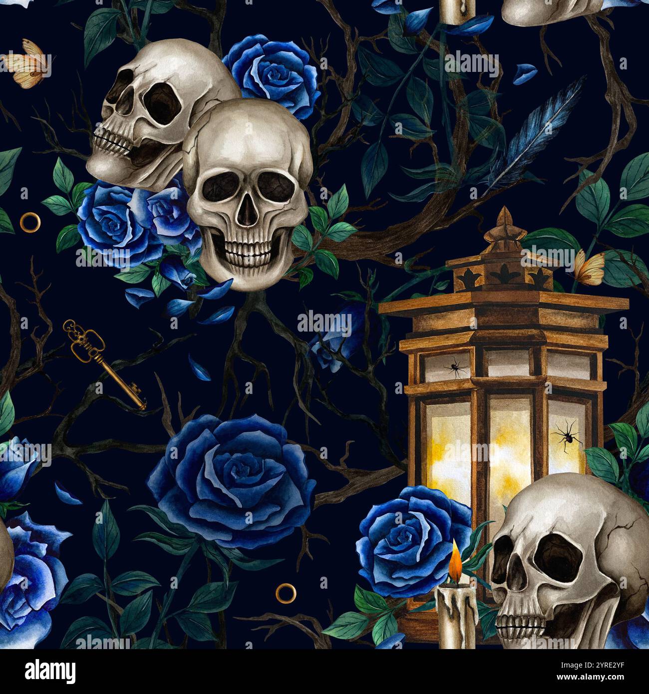 Gothic seamless pattern with skulls, lantern, roses and branches ...