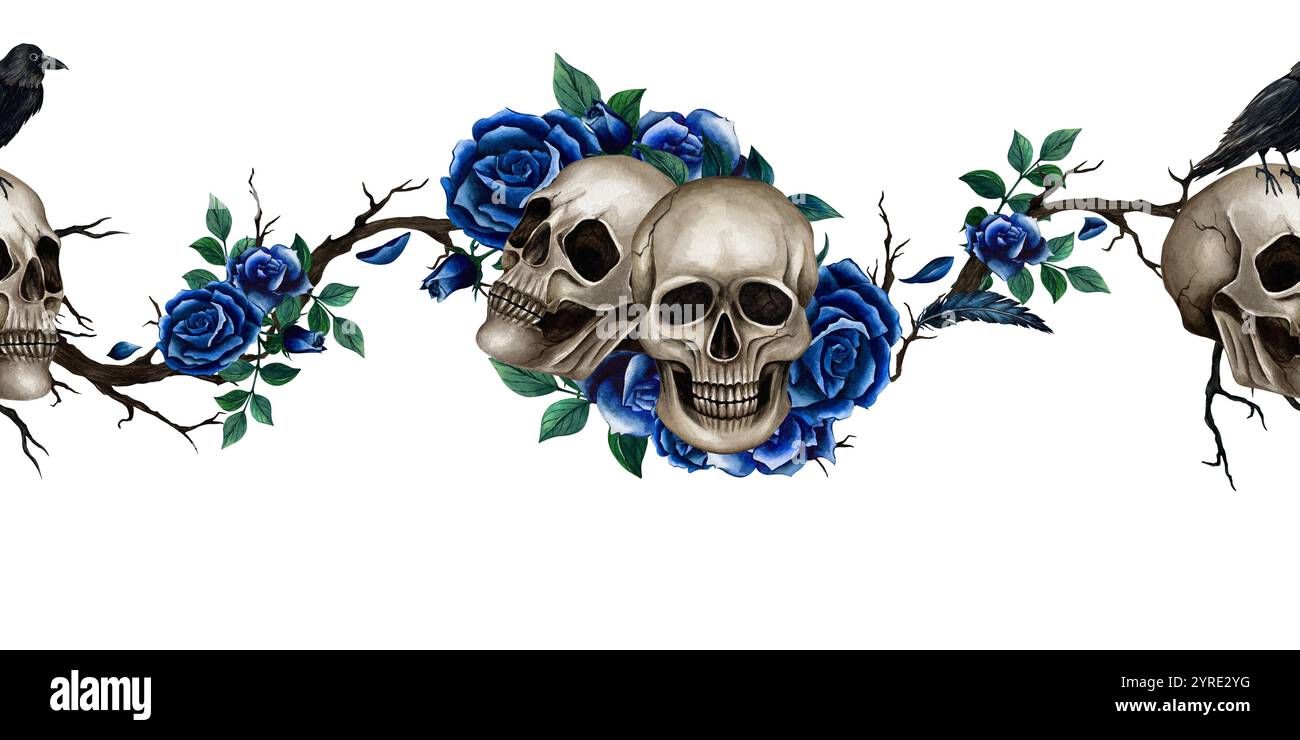 Gothic seamless banner with skulls, crow, blue roses and branches ...