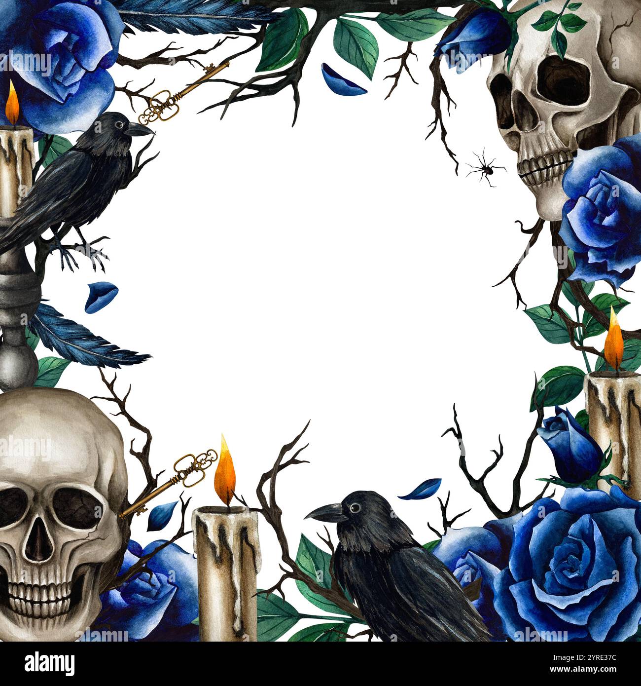 Square gothic frame with skulls, crow, candle, roses and branches ...