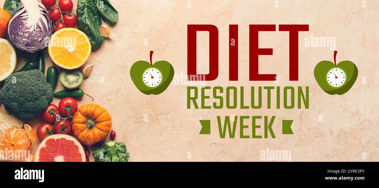 Healthy products on color background. Banner for Diet Resolution Week ...