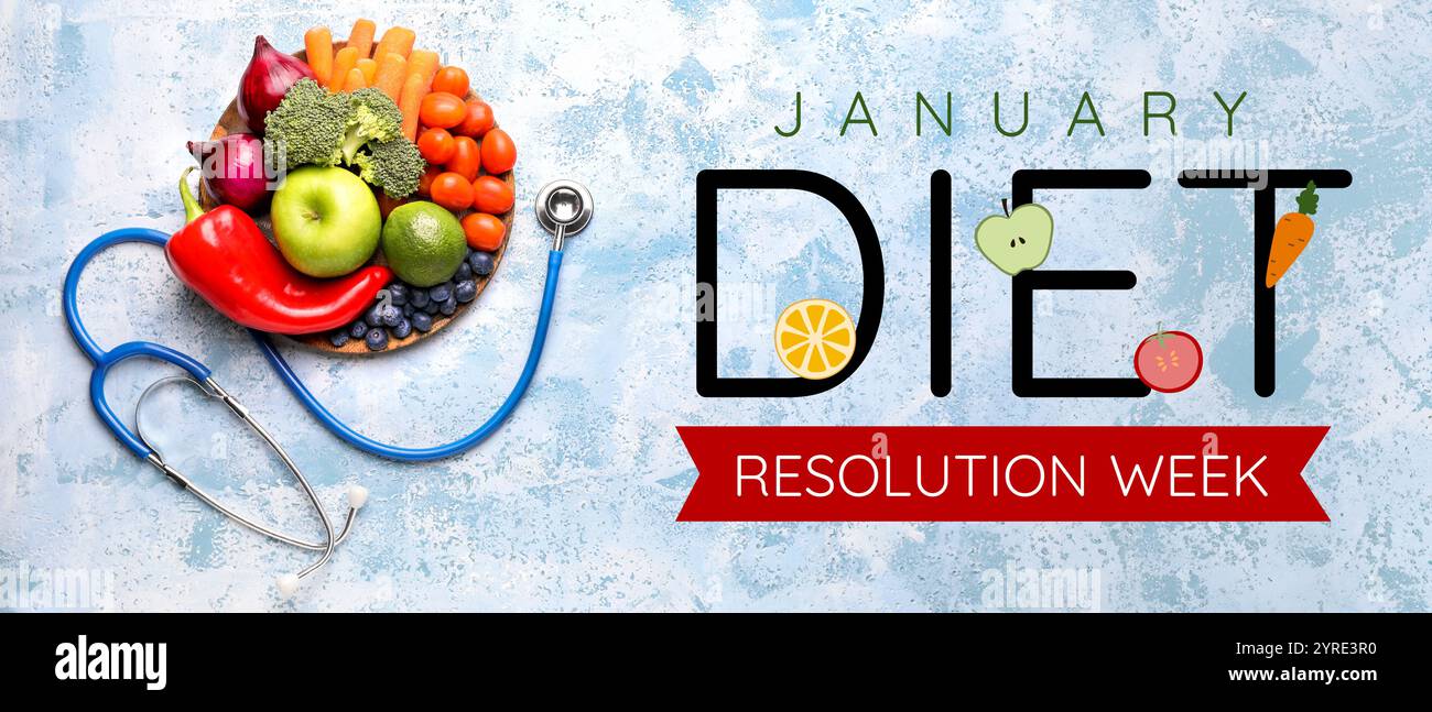 Healthy products and stethoscope on light blue background. Banner for ...
