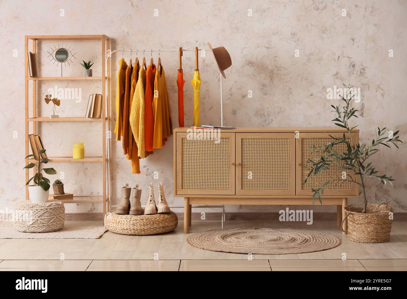 Interior of dressing room with clothes rack, shelf unit and drawers ...