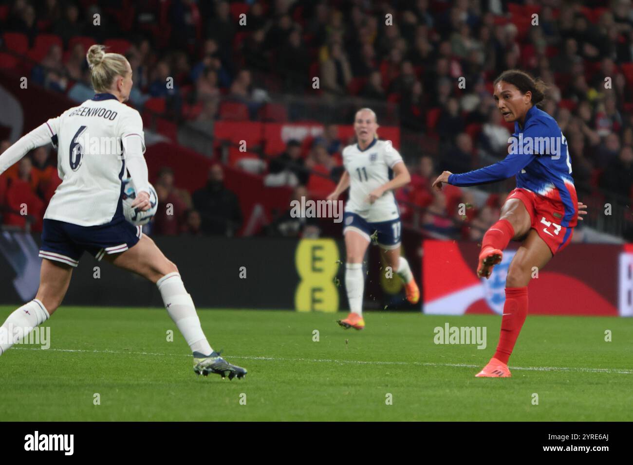 Yazmeen Ryan shoots Alex Greenwood appears to handle ball England v USA ... Yazmeen Ryan shoots Alex Greenwood appears to handle ball England v USA ...