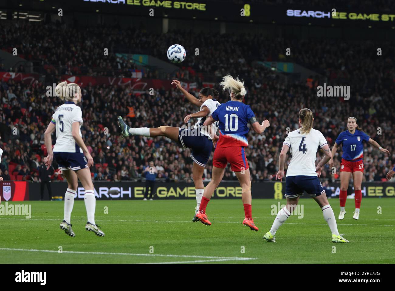 Jess Carter heads ball England v USA Wembley Stadium London Lionesses ...