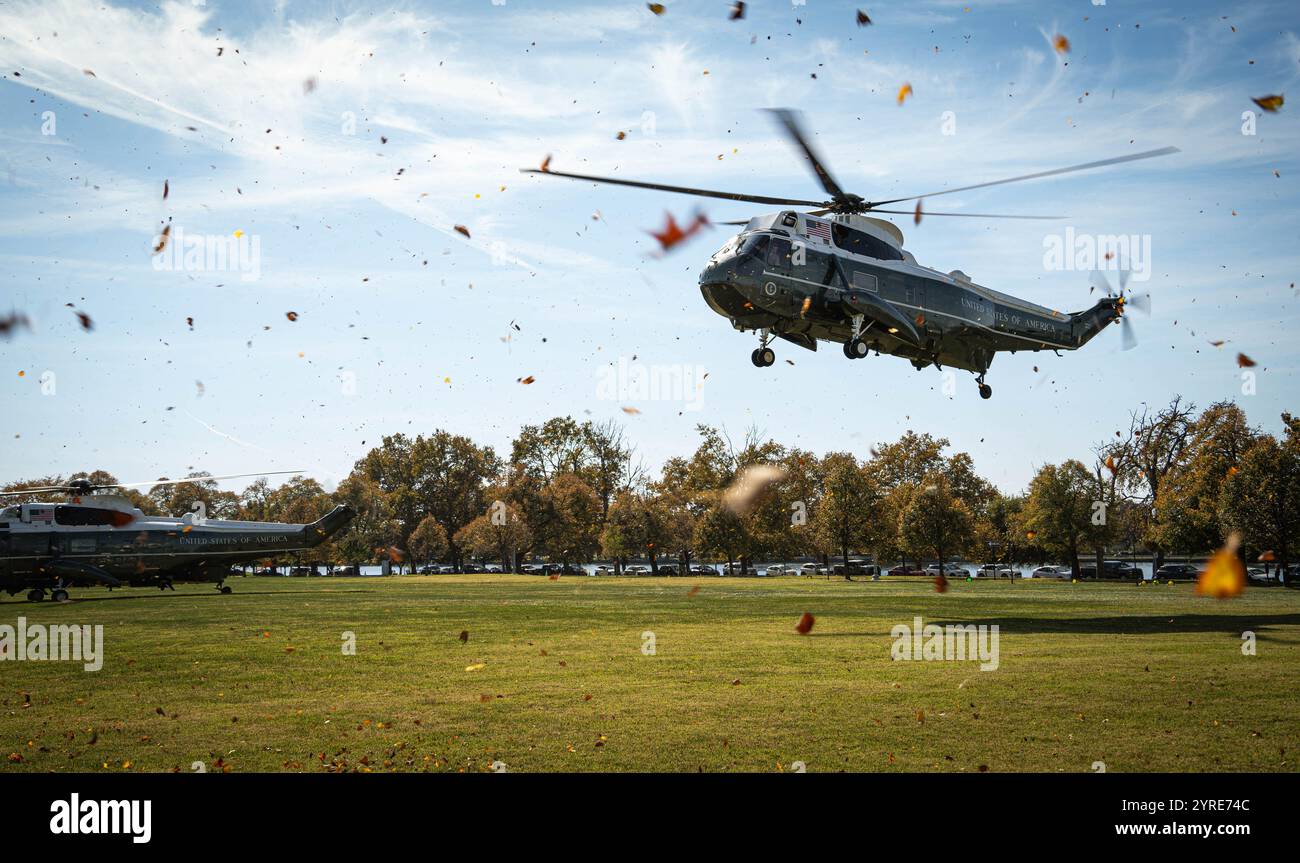 President Joe Biden lands at Fort McNair onboard Marine One, Washington, D.C., Oct. 10, 2024 ...