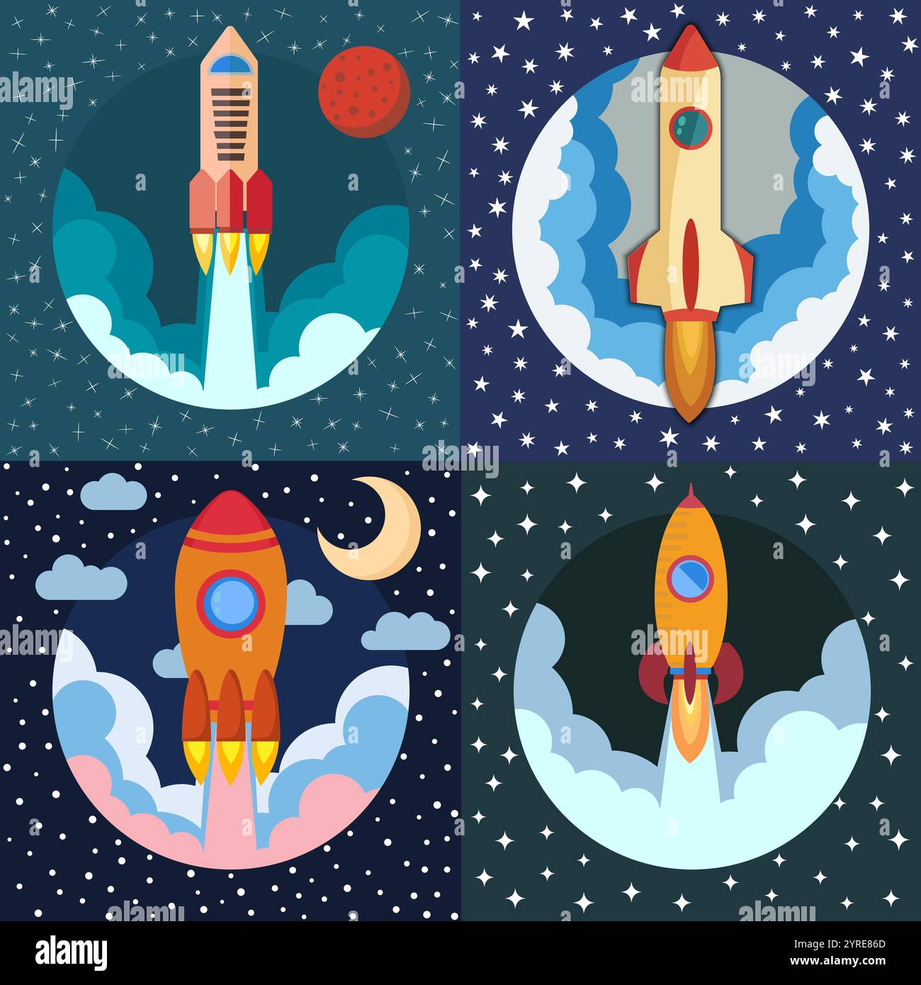 Set of four space rocket ships. Space rocket launch. Project startup and development process ...