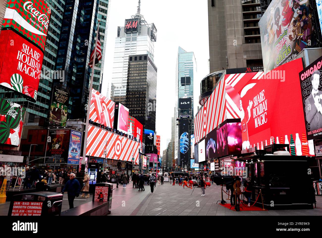 New York, United States. 03rd Dec, 2024. Large screens in Times Square ...