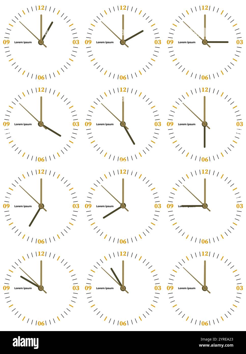 A set of mechanical clocks with an image of each of the twelve hours ...