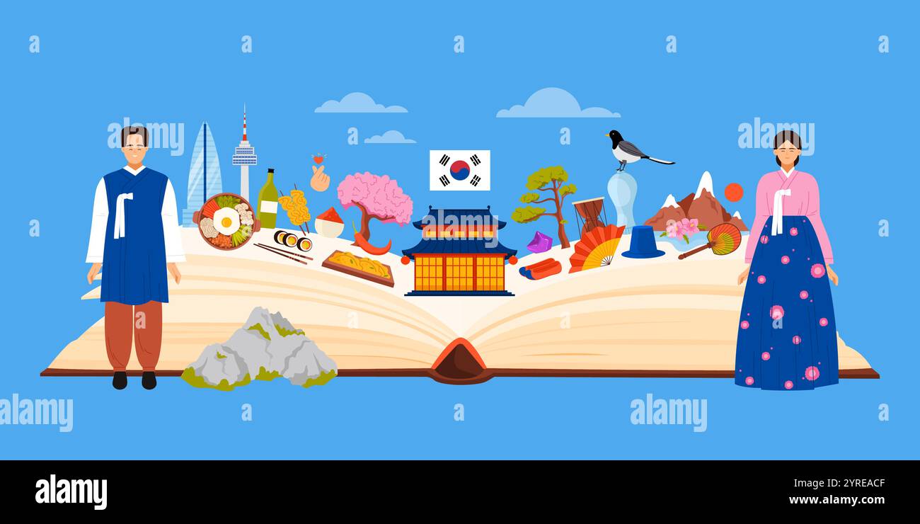 Culture elements and landmarks emblem of South Korea, Korean language ...
