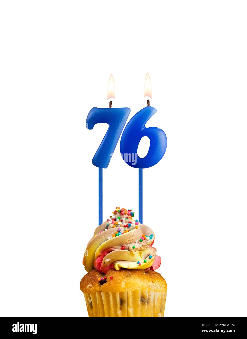 Candle in shape of the number 76 - Blue birthday on a white background ...