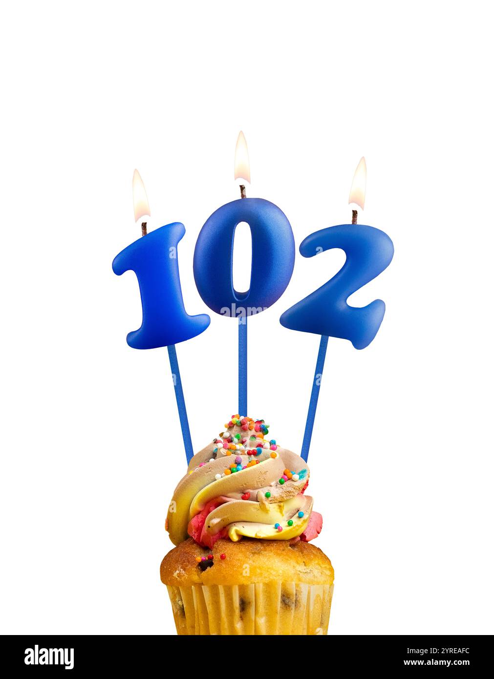 Candle in shape of the number 102 - Blue birthday on a white background ...