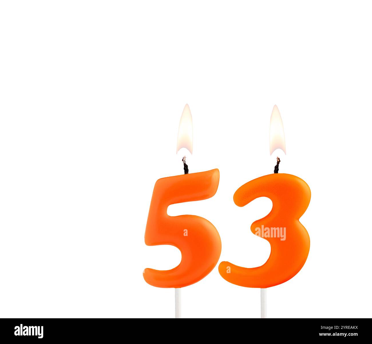 Lit birthday candle - Candle number 53 on white background Stock Photo ...