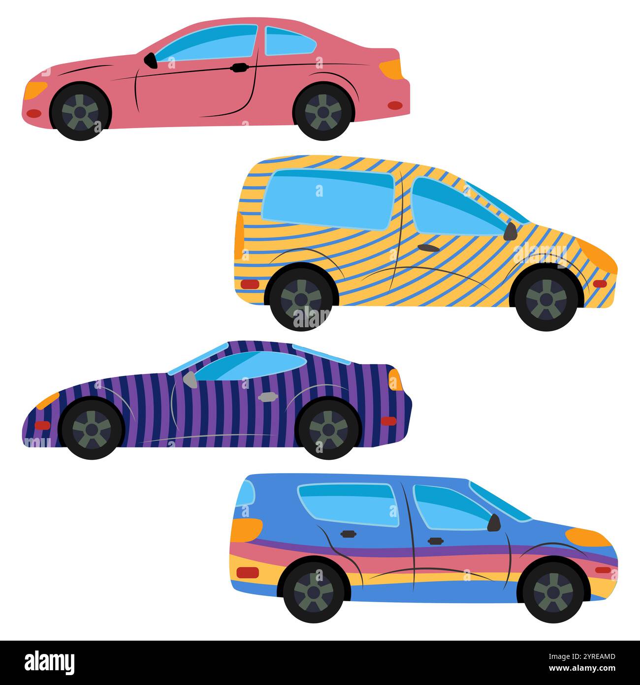 A set of three cars painted in different colors. Vector illustration ...