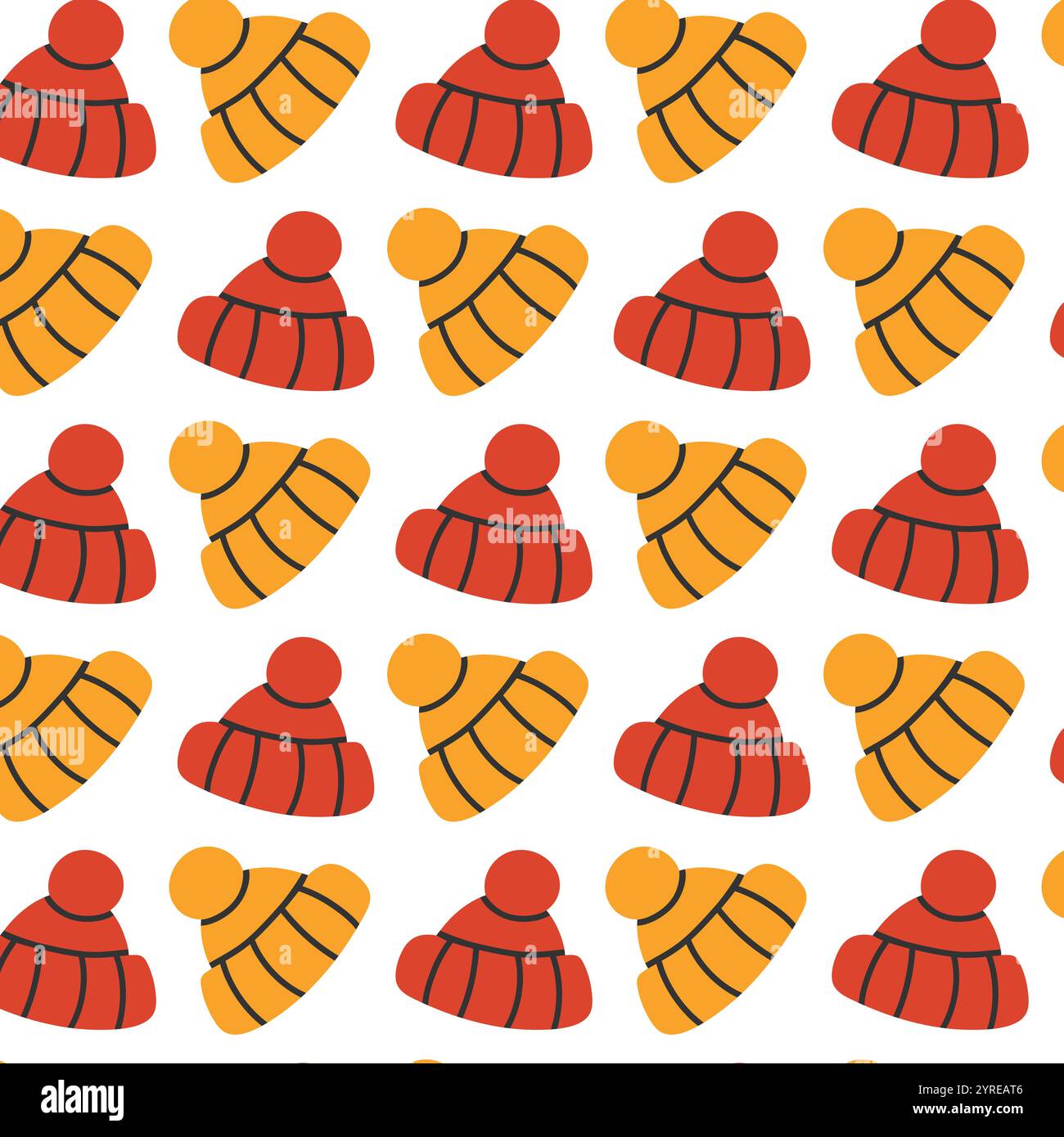 Seamless pattern of red and yellow winter hats on a white background in ...