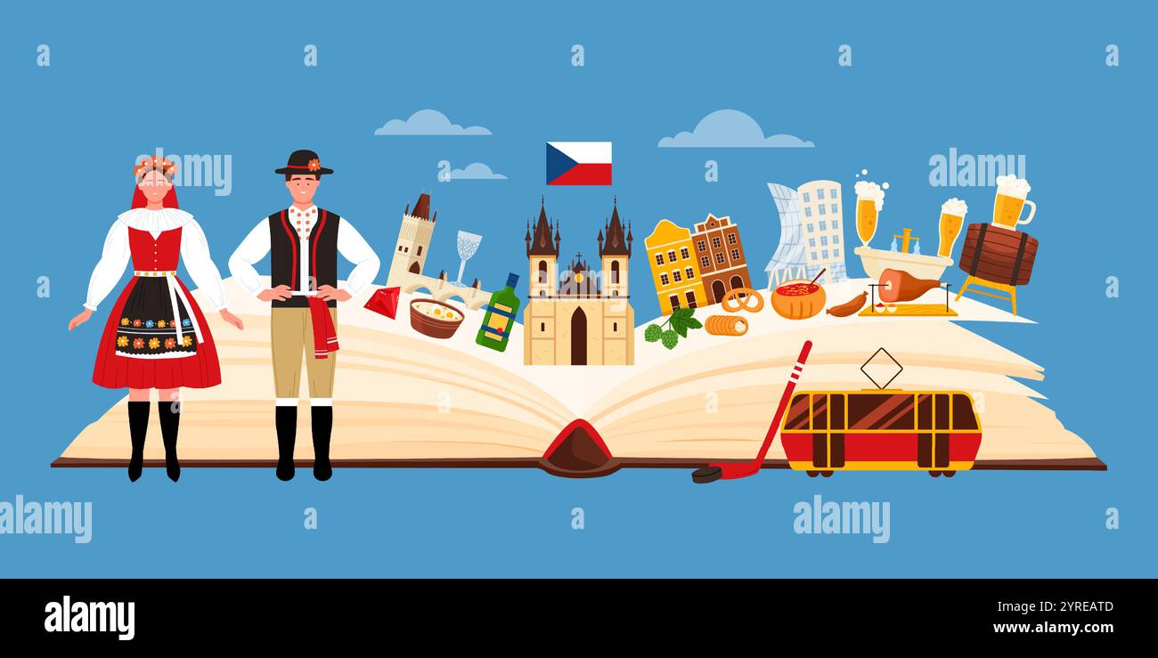 Creative illustration of an open book with Czech cultural icons such as ...