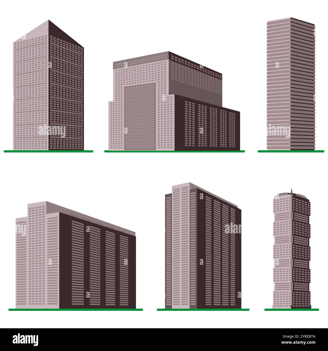 Set of six modern high-rise building on a white background. View of the ...