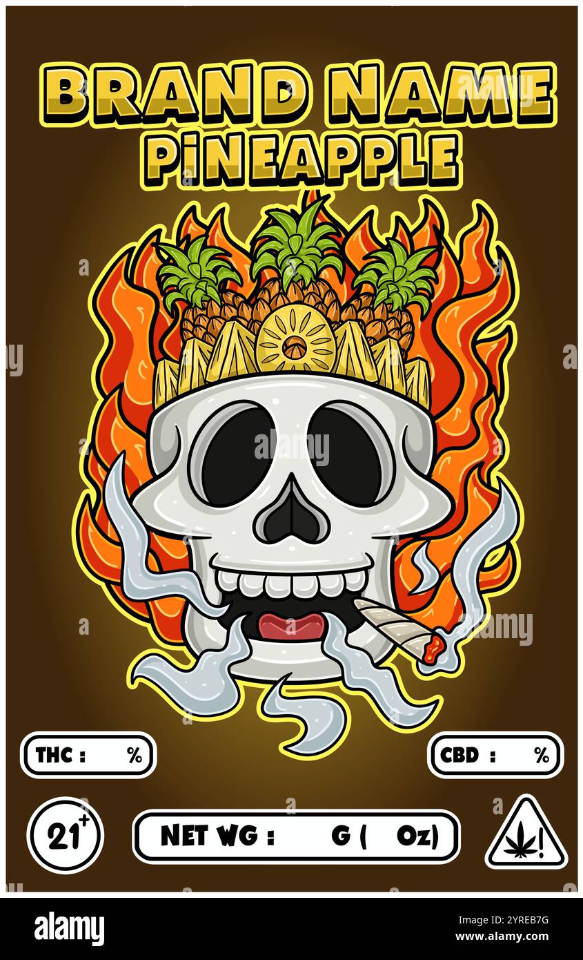 Cartoon Pineapple Fruit on Skull Head Smoking And Burning Fire ...