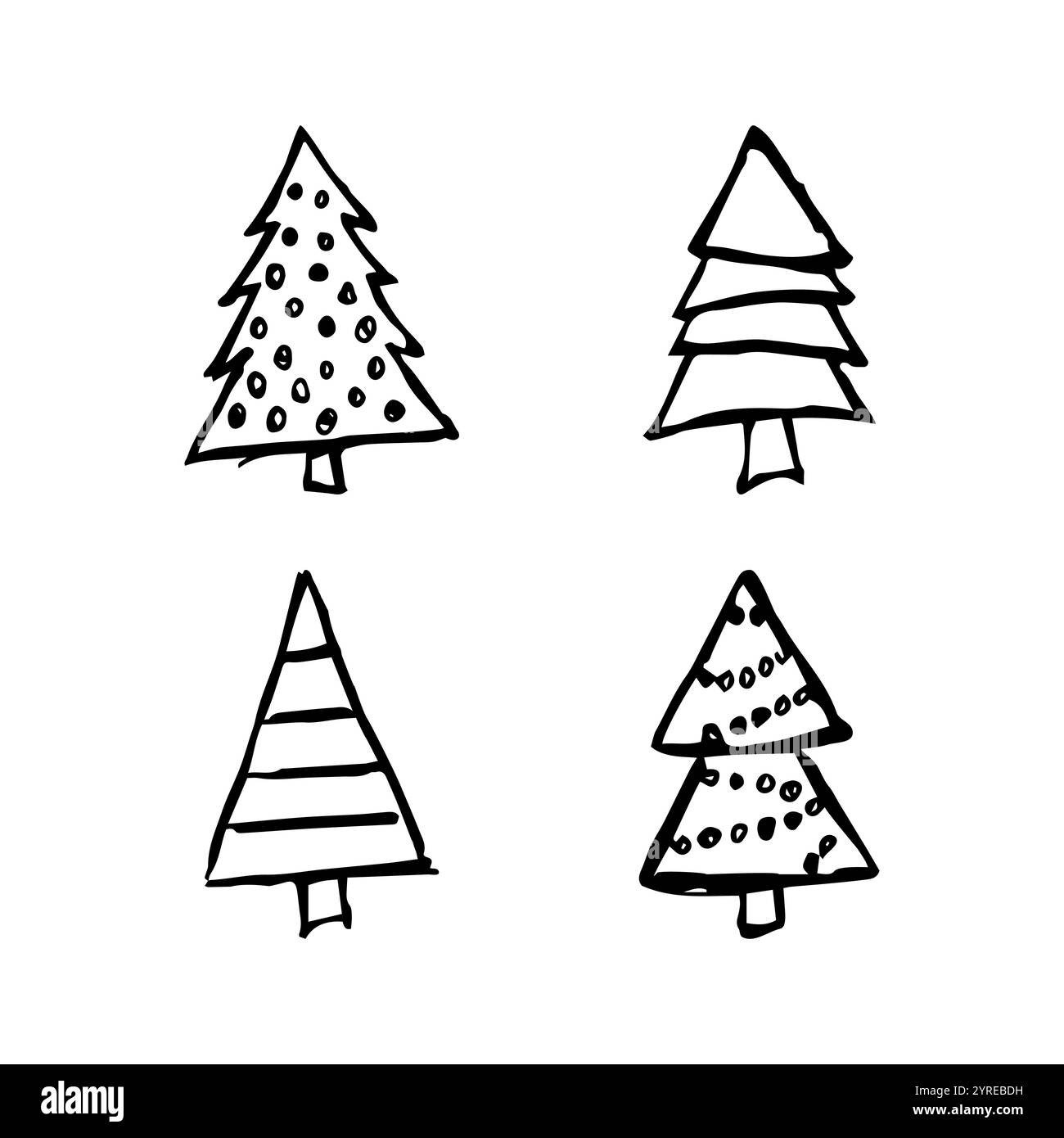 Hand drawn Christmas trees. Set of four monochrome sketched ...