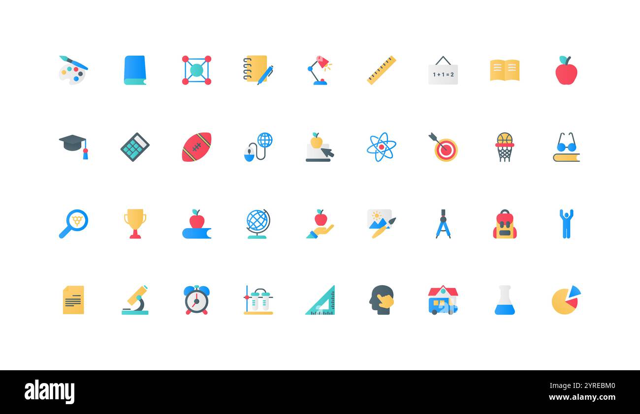 Back to school, education and learning tools, sport color icon set ...