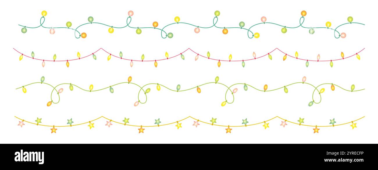 Christmas garlands cartoon borders set. Lightbulb glowing garland ...