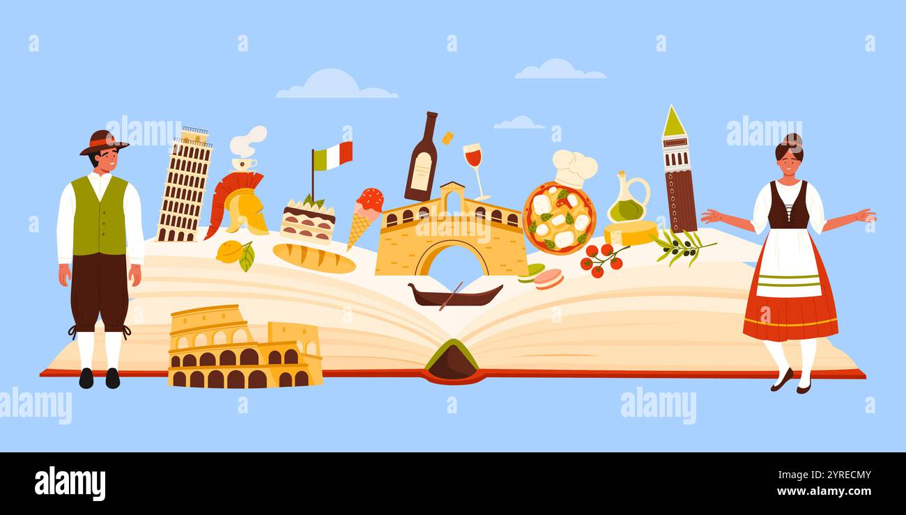 Travel to Italy, set of culture elements, food and famous places study ...