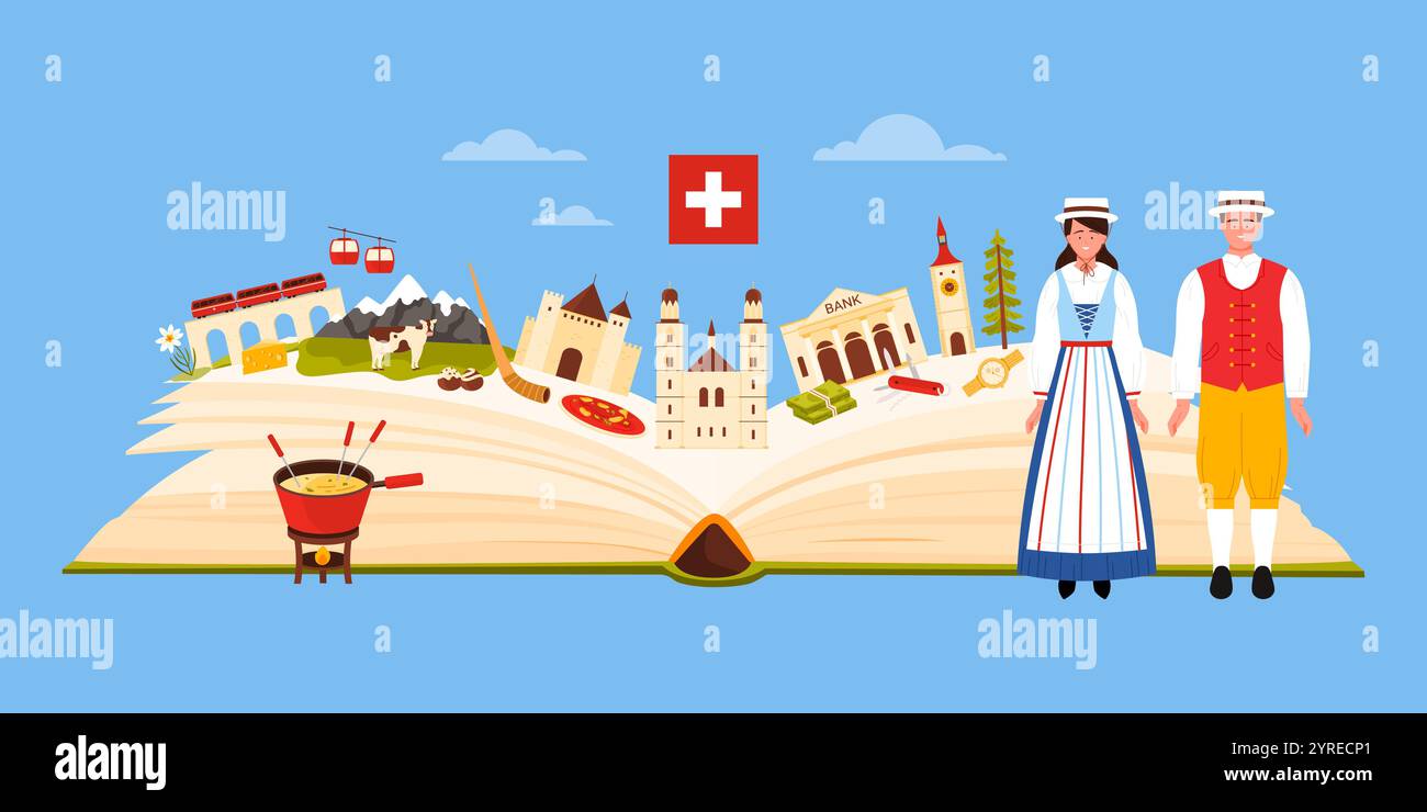 Swiss culture elements, national emblems of Switzerland in infographic ...