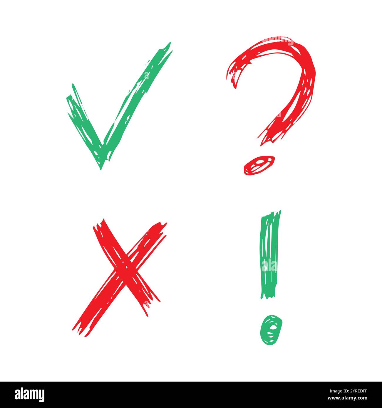 Hand drawn check, cross, question mark and exclamation mark symbols ...