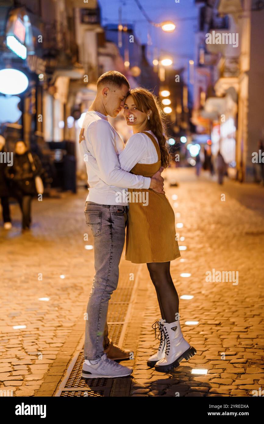 Romantic Evening Stroll in a Charming Cobblestone Street Stock Photo ...