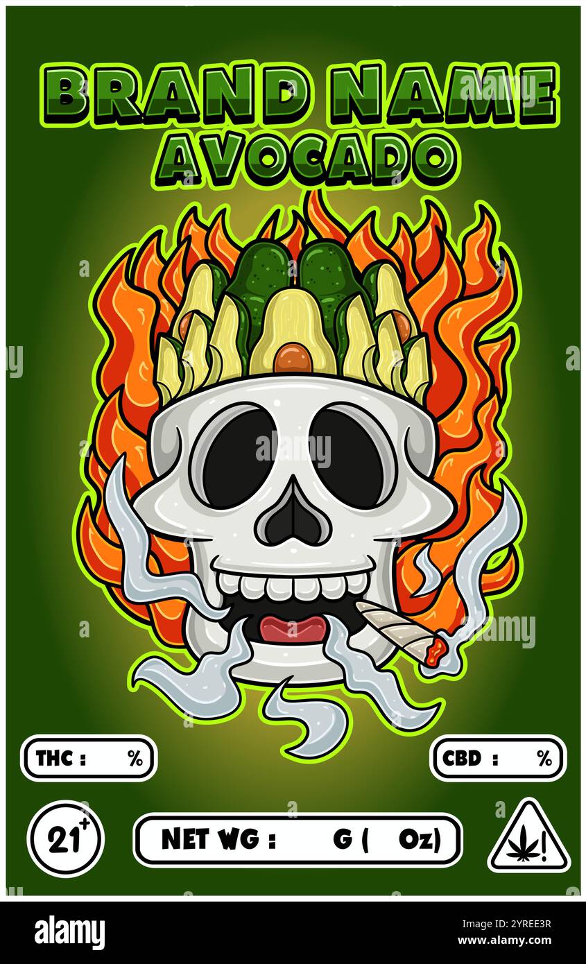 Cartoon Avocado Fruit on Skull Head Smoking And Burning Fire ...