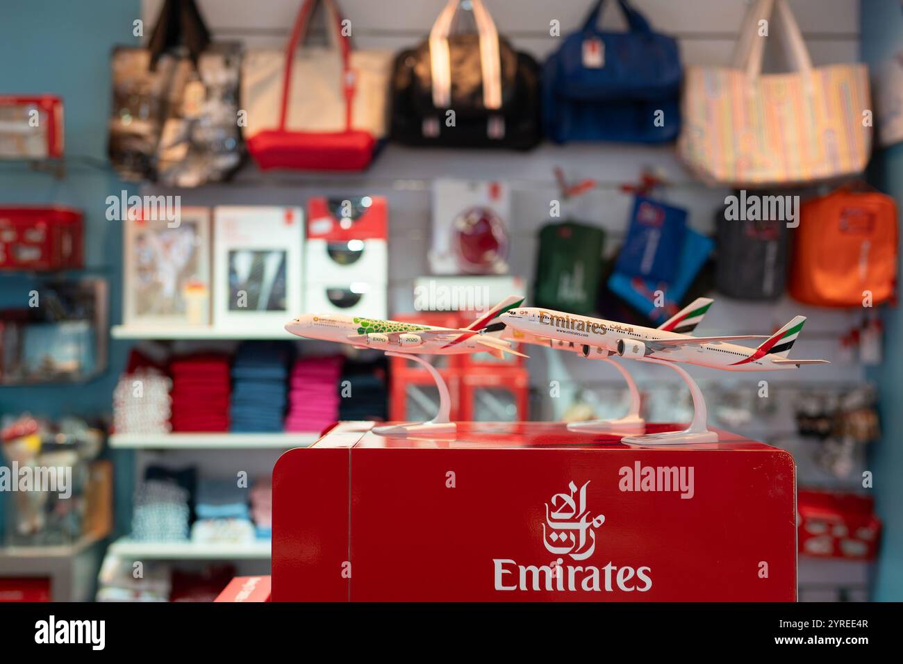 DUBAI, UAE - FEBRUARY 21, 2019: Emirates aircraft scale display models ...