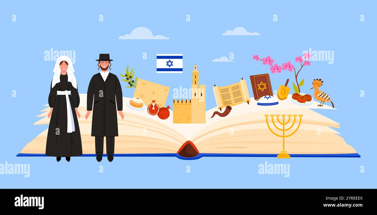 Jewish culture elements, symbols of Judaism religion and holidays of ...