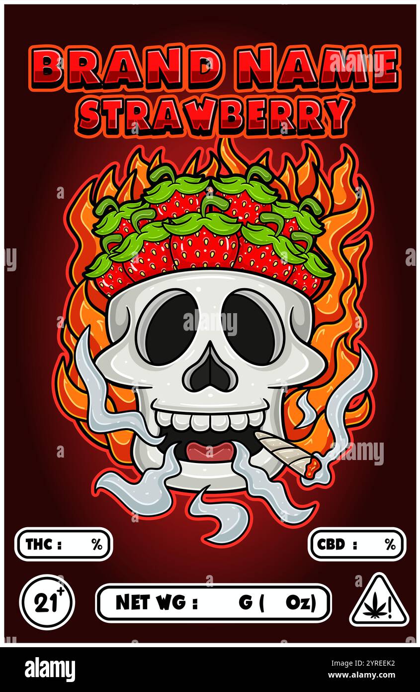 Cartoon Strawberry Fruit on Skull Head Smoking And Burning Fire ...