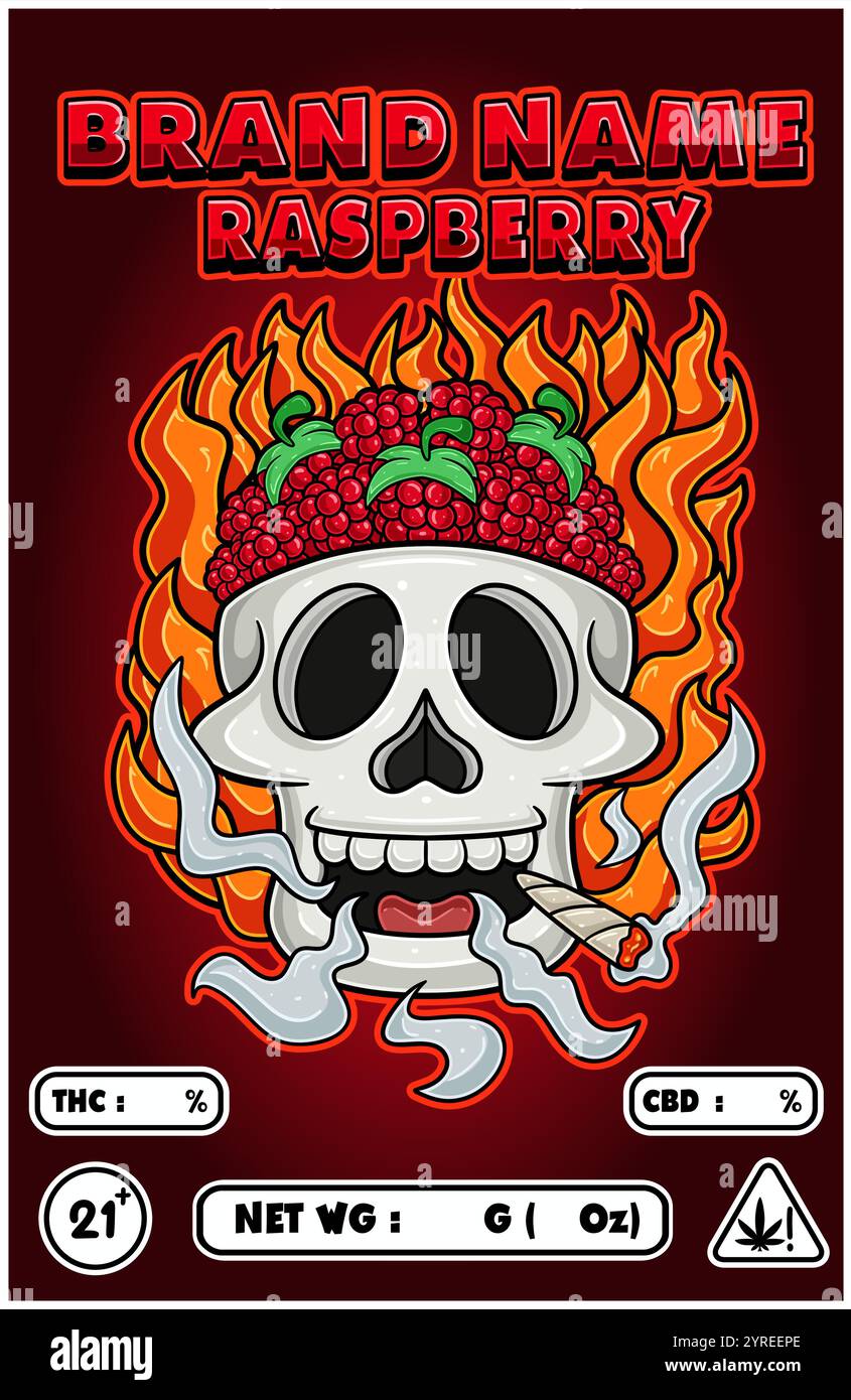 Cartoon Raspberry Fruit on Skull Head Smoking And Burning Fire ...