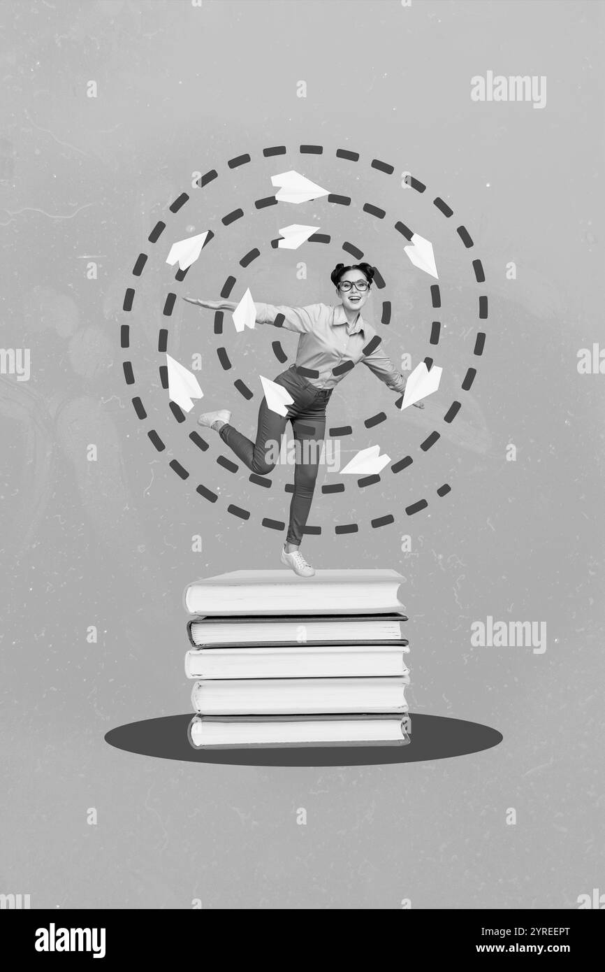 Vertical collage portrait of excited cheerful girl stand big pile stack ...