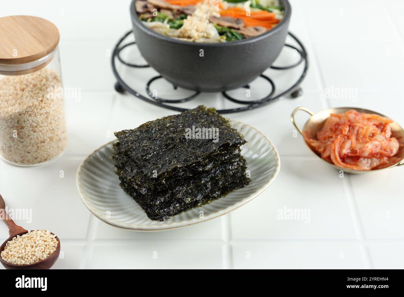 Korean Style Seaweed, Roasted Nori Laver, Ready to Eat on White Table ...