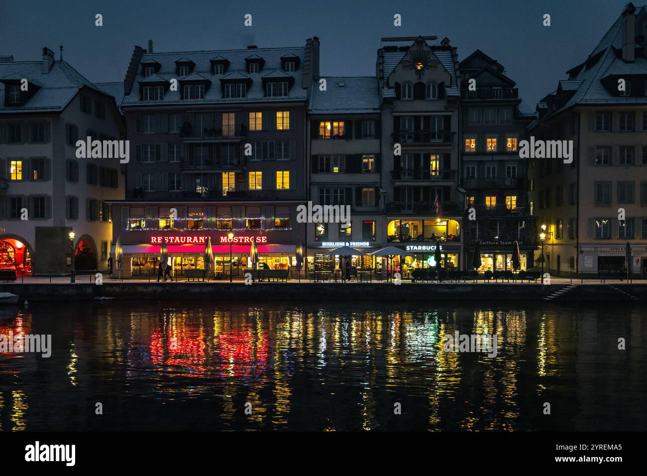 The vibrant night street view of Lucerne, Switzerland, showcases ...