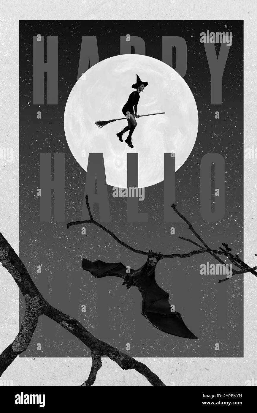 Collage photo placard greetings happy halloween from witchcraft woman ...