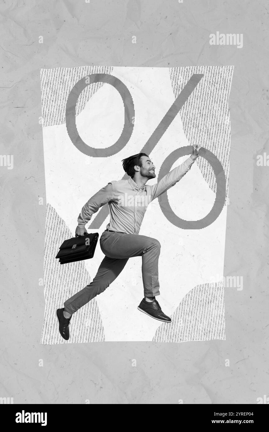 Vertical collage picture of excited successful person jump run upwards ...