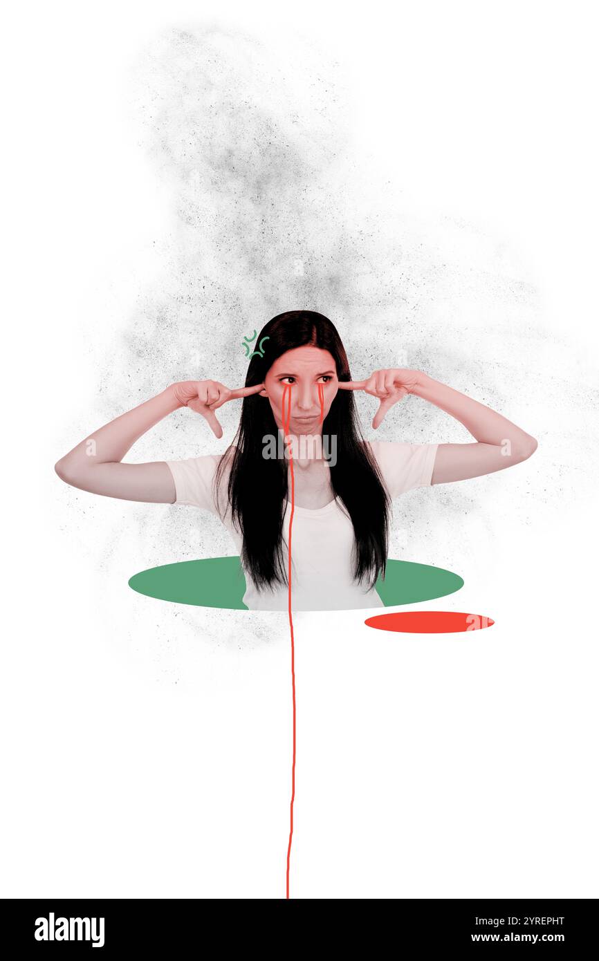 Vertical photo collage of angry girl shut ears blood drop pressure ...