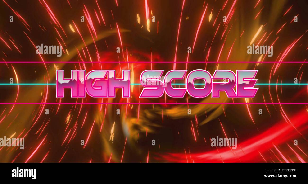 Image of high score text over neon pattern background. Global image game, digital interface ...