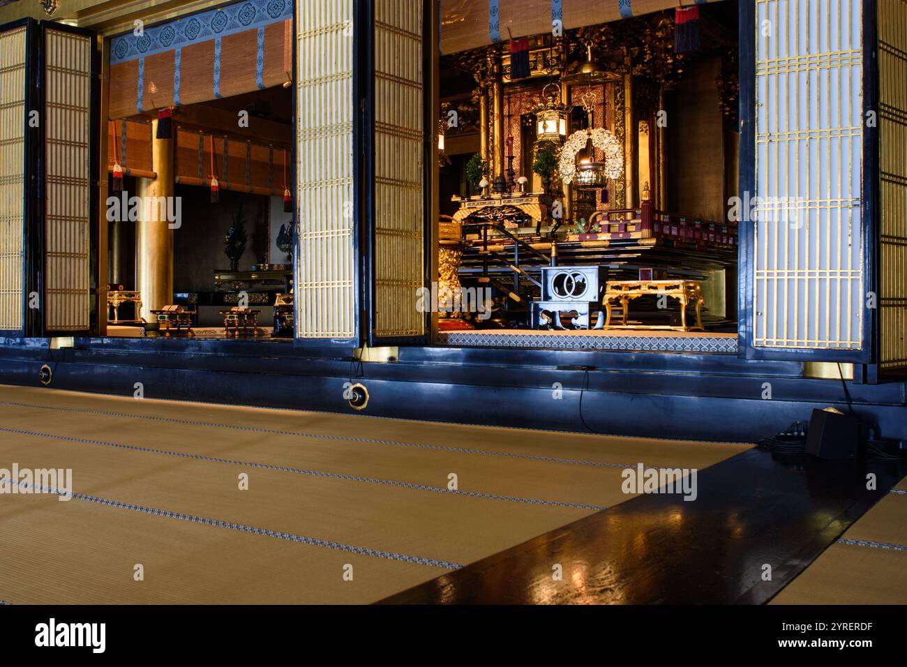 Richly decorated interior of Higashi Honganji temple of Jodo Shin ...
