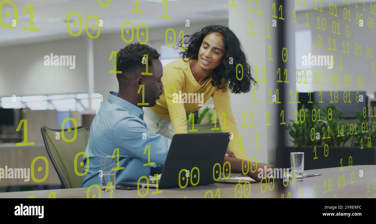 Image of binary coding over diverse colleagues discussing work Stock Photo - Alamy