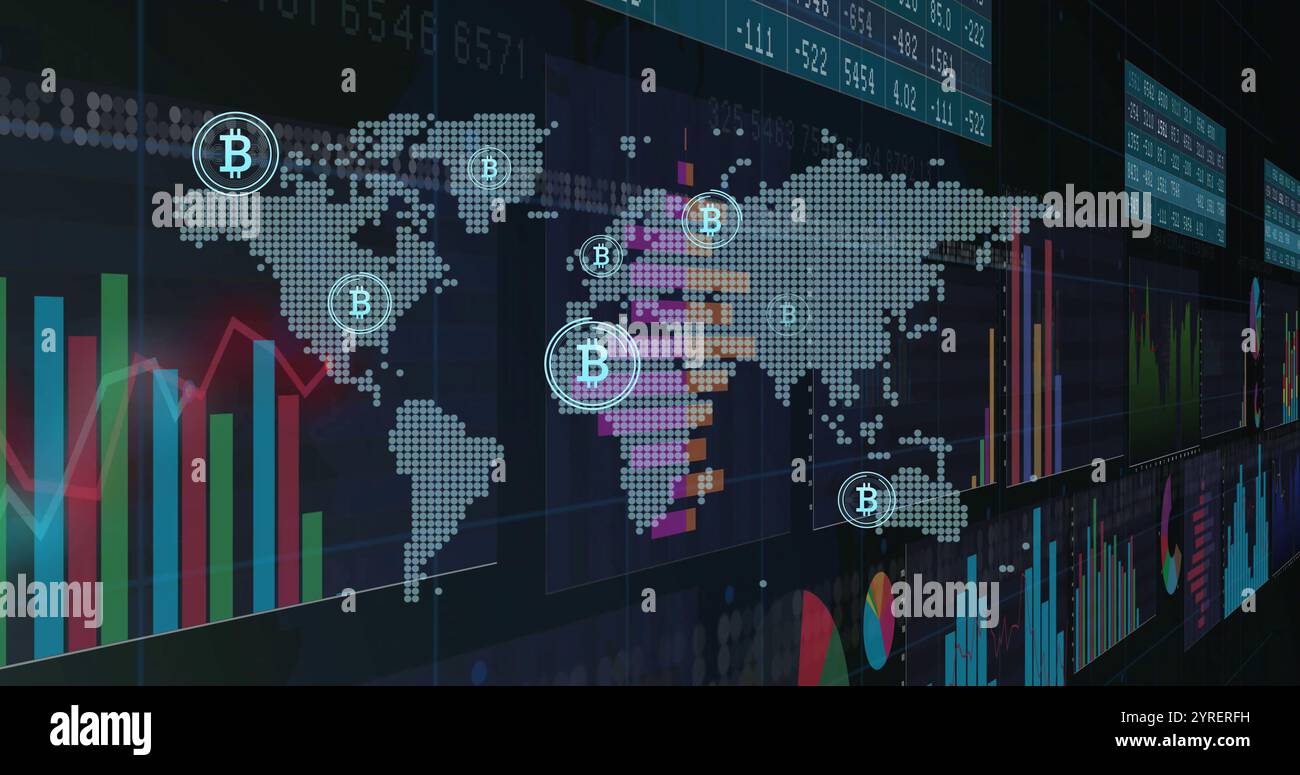Image of digital data processing over bitcoin icons and world map. Global cryptocurrency ...