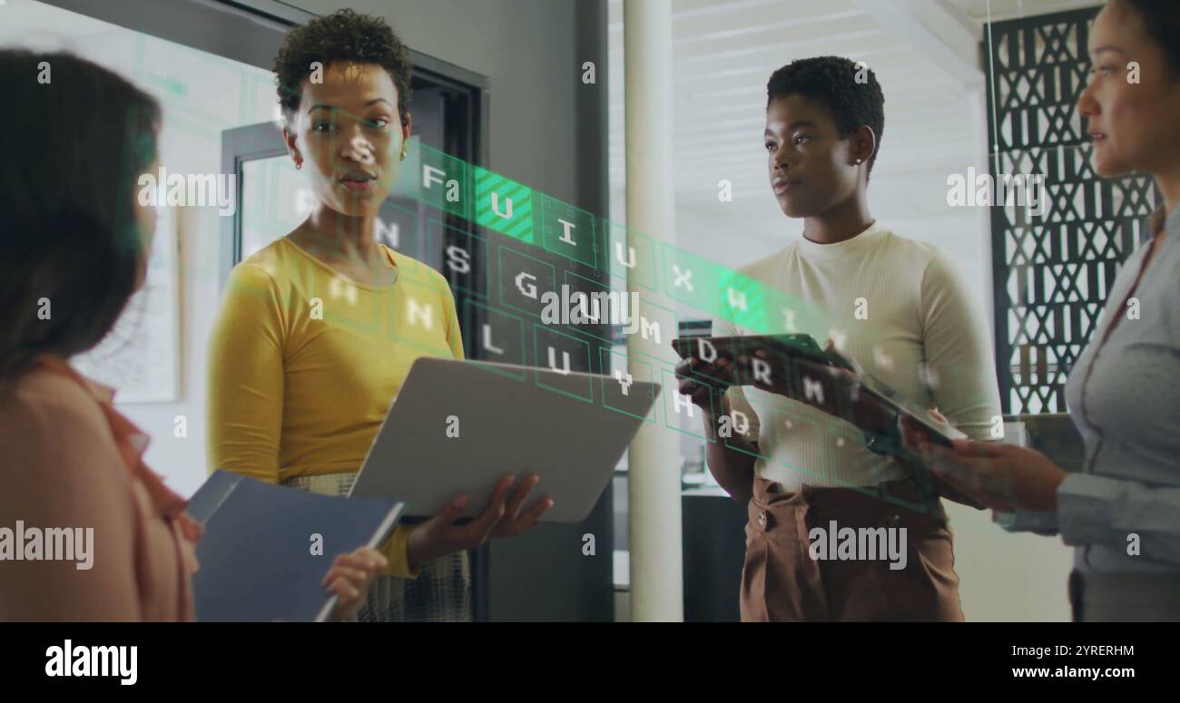 Image of keyboard and diagrams over diverse colleagues discussing work ...