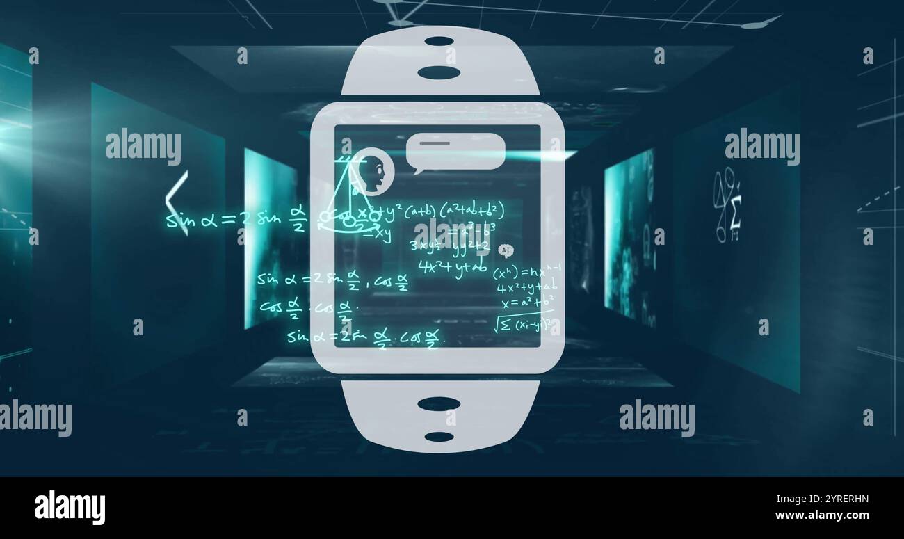 Image of smartwatch with ai text and mathematical data processing Stock ...