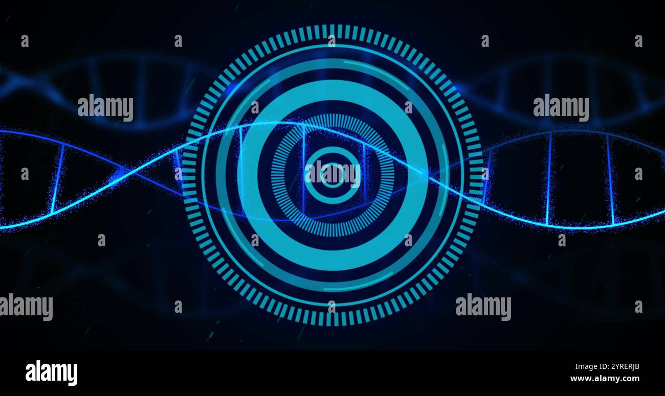 Image of dna strand and digital data processing over black background ...