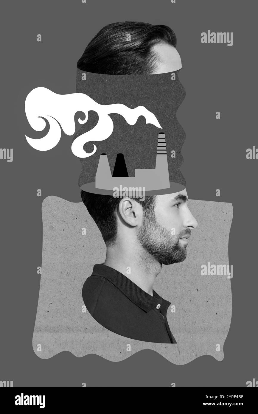 Vertical collage picture of black white gamma guy divided head mini ...